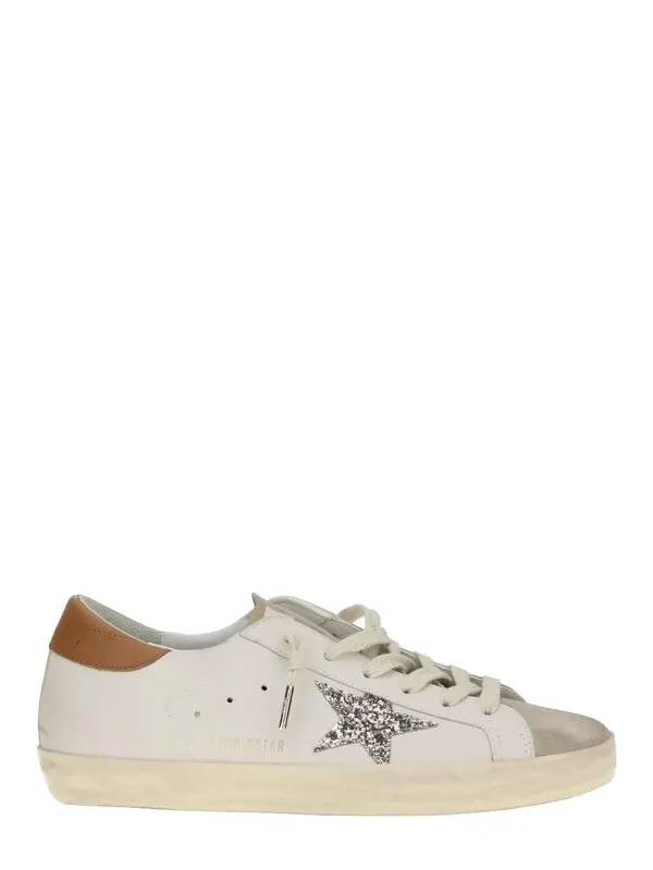 GOLDEN GOOSE Super-star Distressed Leather Sneakers With Glitter Logo - White