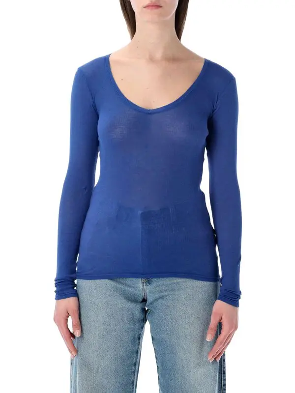 American Vintage Long Sleeve V-neck T-shirt In Sheer Cotton - Blue