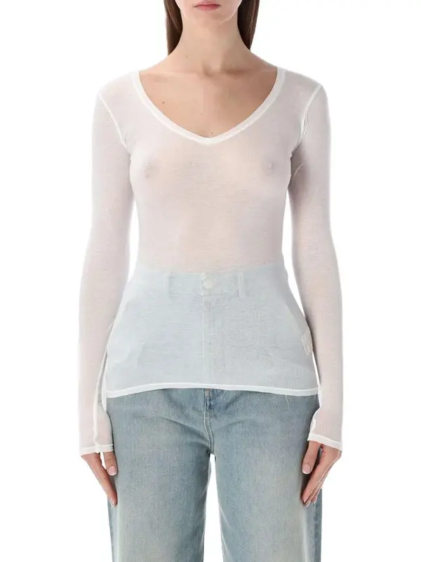 American Vintage Long Sleeve V-neck T-shirt In Sheer Cotton - White