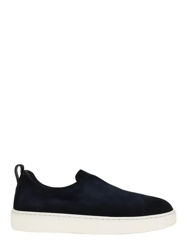 Santoni Victory Suede Calfskin Slip-on Sneakers With Elasticized Inserts - Blue