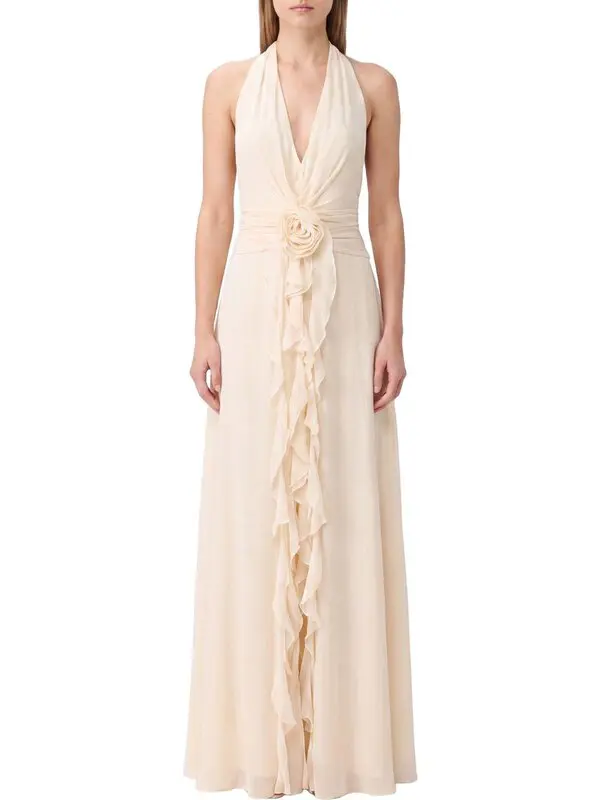 Blumarine Halterneck Georgette Evening Gown With Ruffle Embellishments - Beige