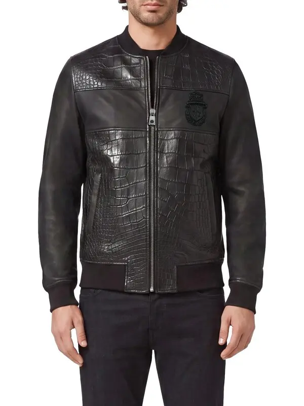 BILLIONAIRE Nappa And Crocodile Leather Bomber Jacket With Crest - Black