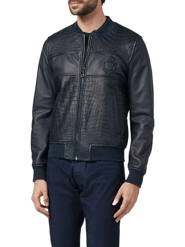 BILLIONAIRE Nappa And Crocodile Leather Bomber Jacket With Crest - Blue