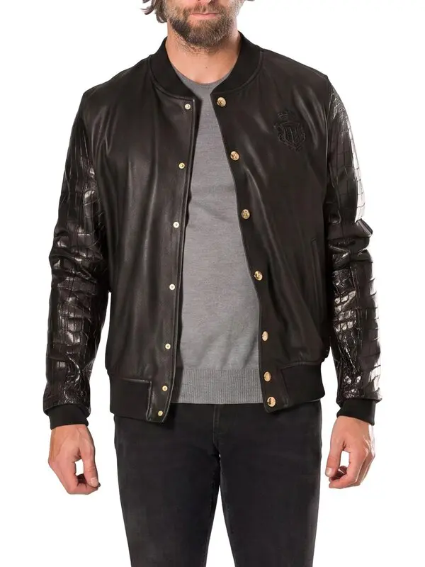 BILLIONAIRE Nappa And Crocodile Leather Bomber Jacket With Snap Buttons - Black