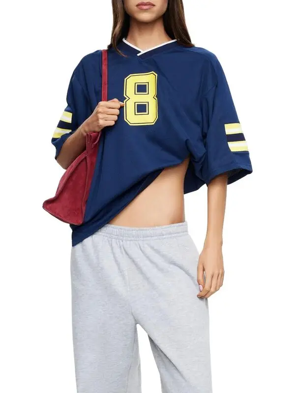 Lioness Graphic Mesh Jersey Tee With Striped Sleeves - Navy