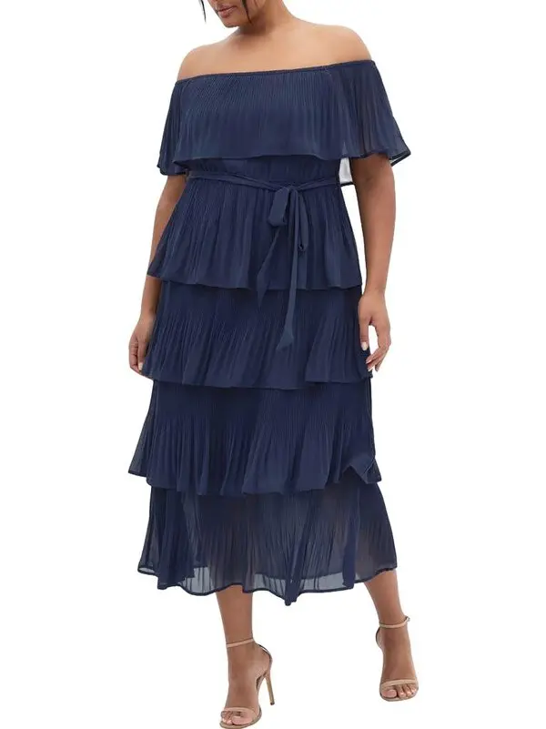 City Chic Pleated Tiered Maxi Dress - Navy