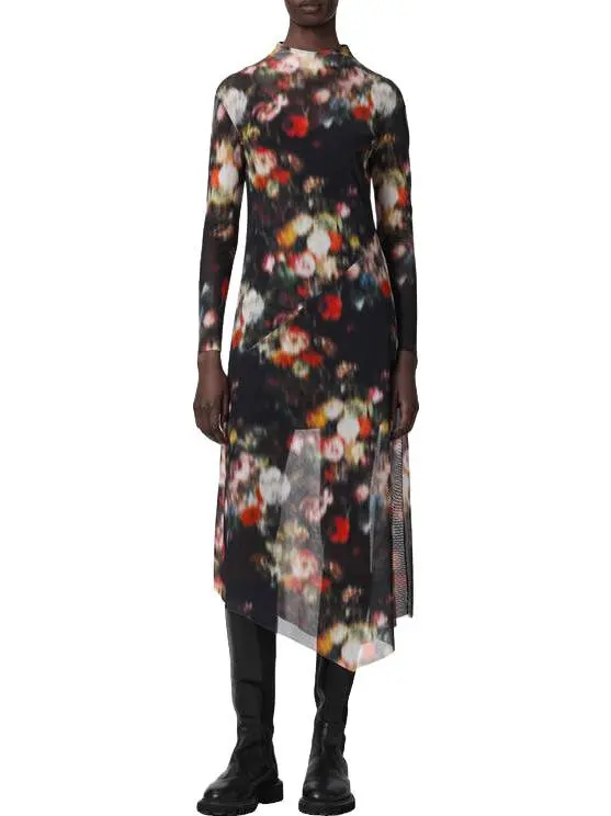 ALLSAINTS Gracie Floral Mesh Long Sleeve Midi Dress - Hazed Black