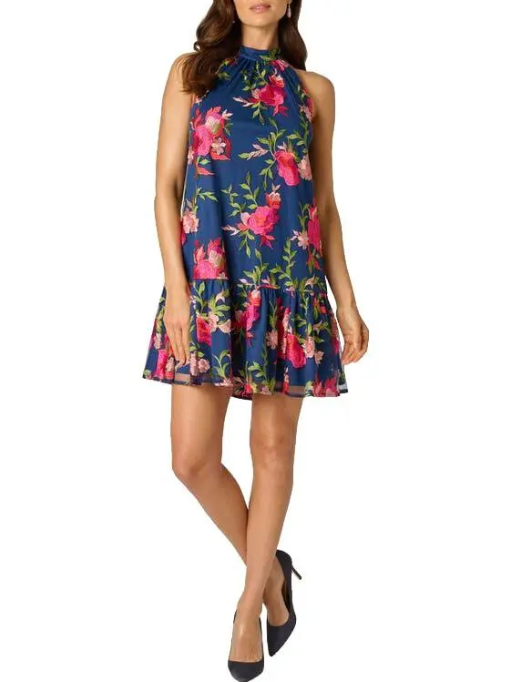 Adrianna Papell Embroidered Floral Mock Neck Mini Dress - Navy/pink Multi