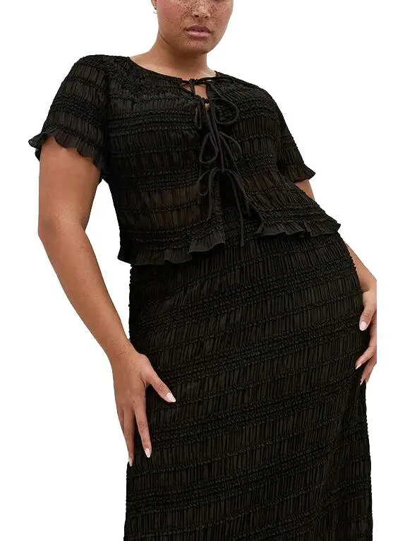City Chic Emelia Shirred Tie Front Top - Black