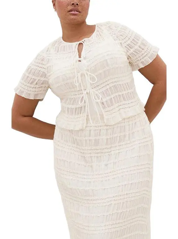City Chic Emelia Shirred Tie Front Top - Creme