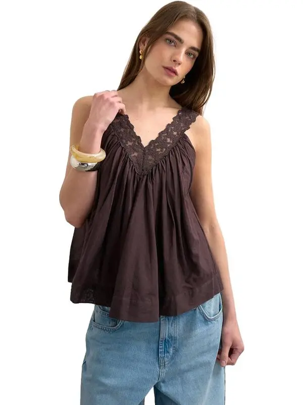 Topshop Deep V-neck Lace Trim Trapeze Top - Brown
