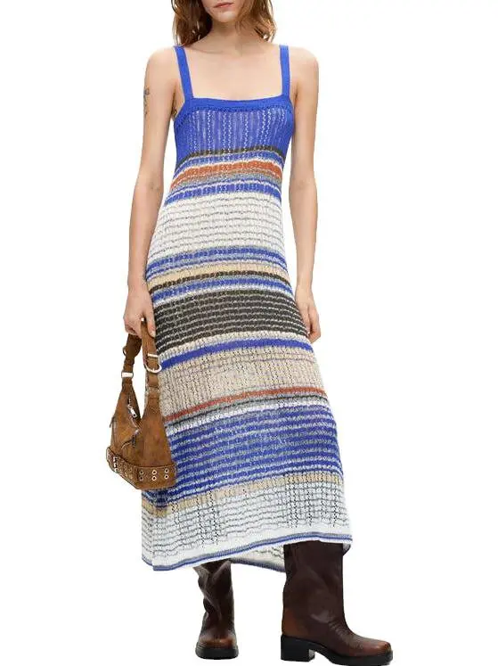 Desigual Striped Pointelle Knit Square Neck Dress - Blue