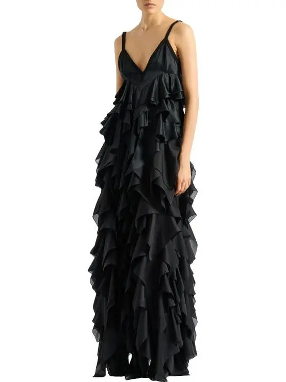 Balmain Satin Ruffled Tank - Black