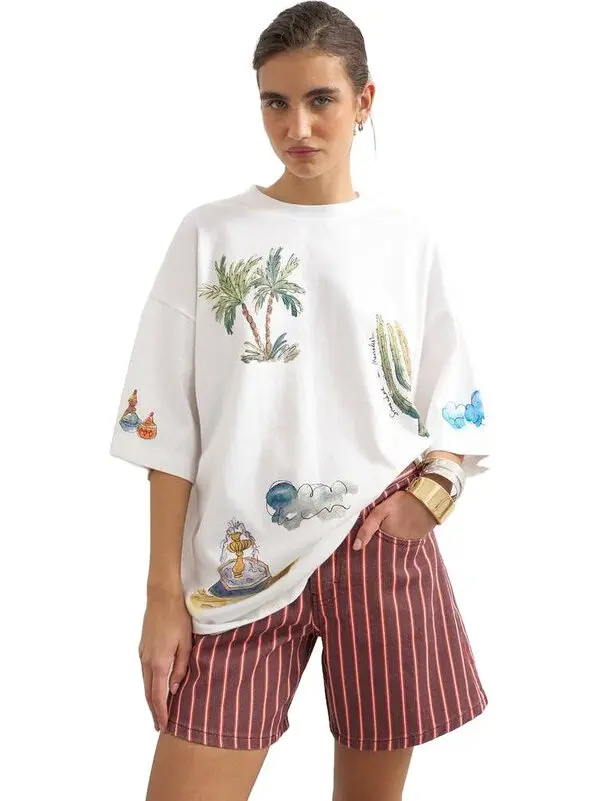Topshop Oversized Cotton T-shirt With Tropical Graphics - White