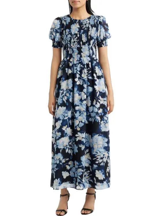 Anne Klein Smocked Puff Sleeve Maxi Dress - Dutch Blue Multi