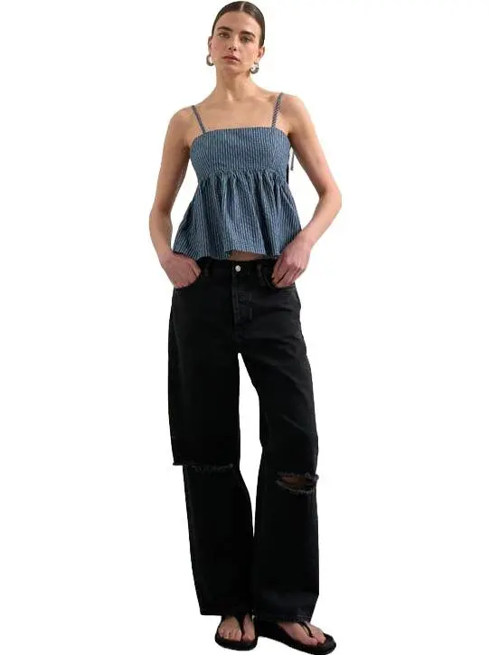 Topshop Pinstripe Denim Strappy Cami With Gathered Waist - Medium Blue