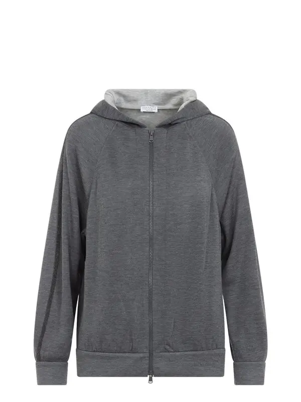 Brunello Cucinelli Full-zip Monile-trim Cotton Silk Sweatshirt - Grey