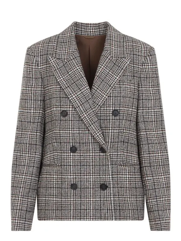 Brunello Cucinelli Double Breasted Checked Alpaca Wool Blend Jacket - Brown