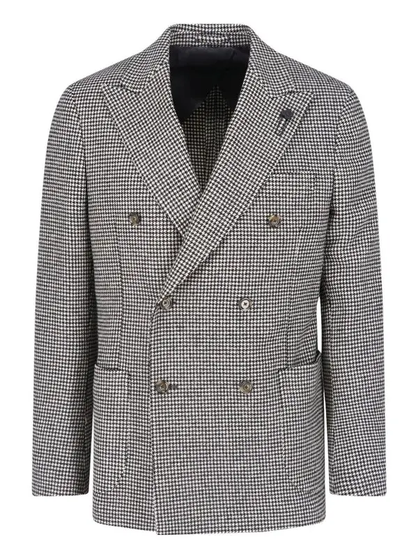 LARDINI Double Breasted Houndstooth Blazer - Grey