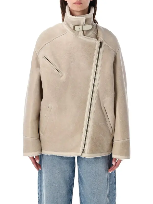 Isabel Marant Étoile Adelina Shearling Jacket With Asymmetric Zip And Buckled Collar - Beige