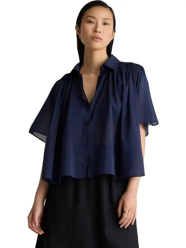 Quince Cotton-silk Voile Short Sleeve Blouse - Dark Navy