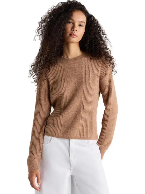 Quince Lightweight Baby Alpaca Ribbed Crewneck Sweater - Dune Camel