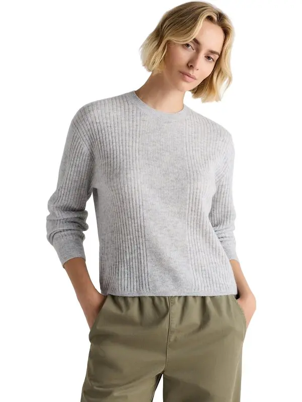 Quince Lightweight Baby Alpaca Ribbed Crewneck Sweater - Mist Grey