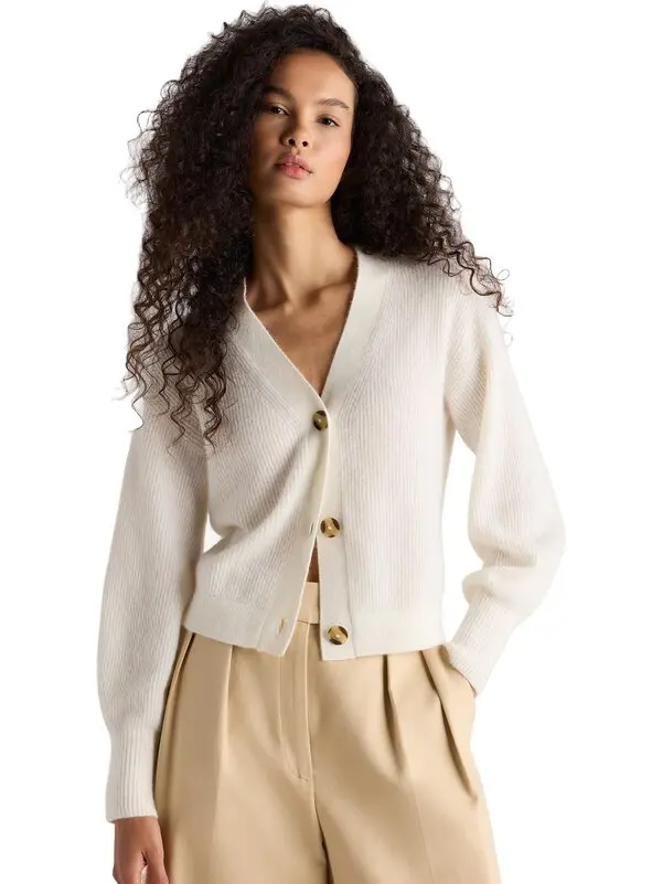 Quince Lightweight Baby Alpaca Cropped V-neck Cardigan - Stone Ivory