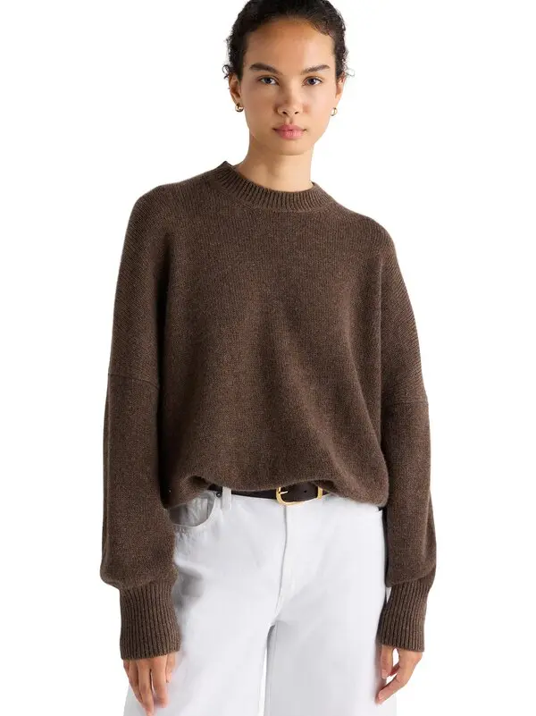 Quince 100% Mongolian Cashmere Slouchy Blouson Sleeve Crewneck Sweater - Brown