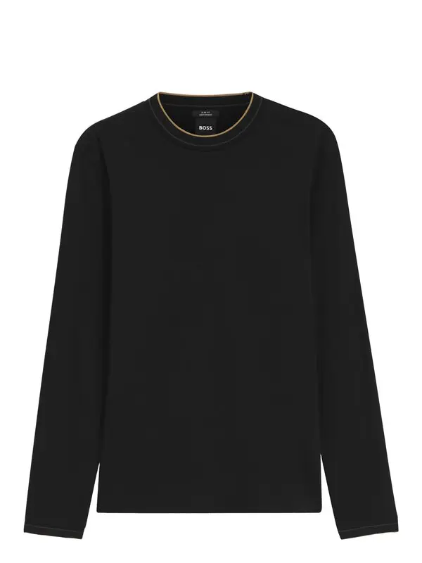 BOSS Long-sleeved T-shirt In Mercerized Cotton With Contrast Trim - Black