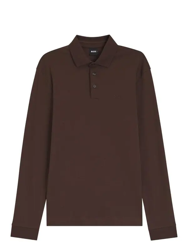 BOSS Long-sleeved Polo Shirt In Interlock Cotton With Logo - Dark Brown