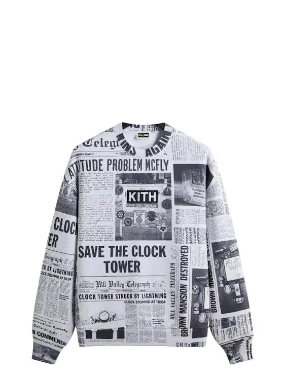 Kith X Back To The Future Newspaper Print Crewneck Sweatshirt - Light Heather Grey