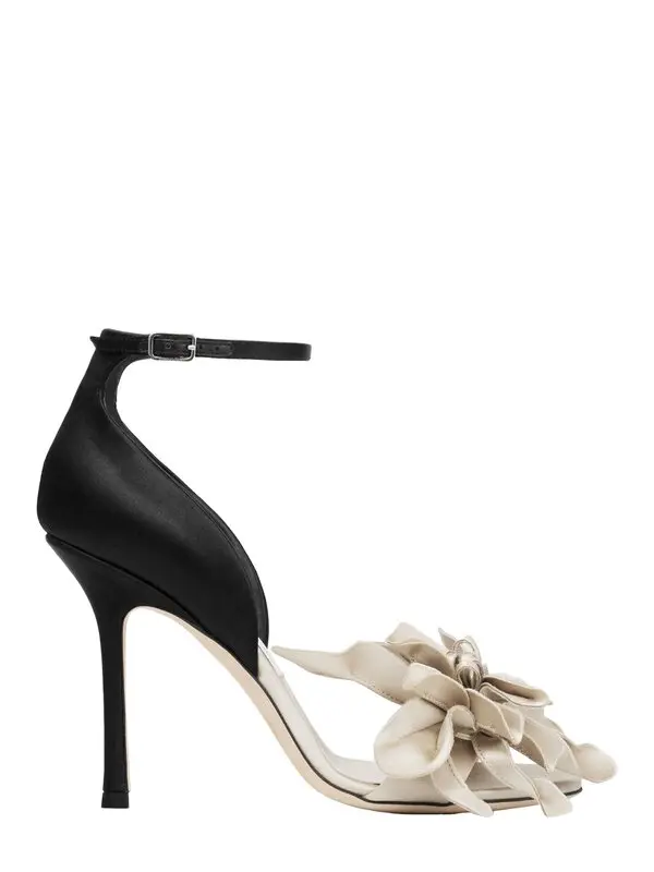 JIMMY CHOO Coko Black And Bone Satin Sandals With Floral Accent - Bone/black