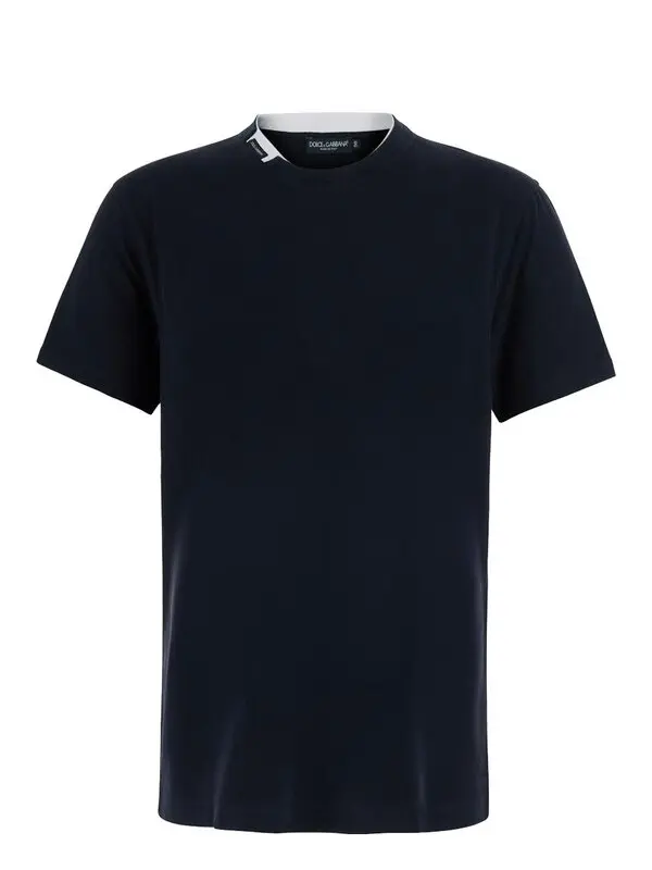 Dolce & Gabbana Blue Crew Neck T-shirt With Logo Patch On The Neck In Cotton For - Multicolor