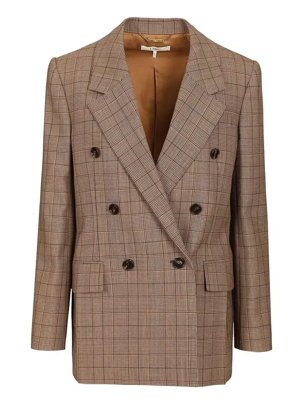 Chloé Tailored Double-breasted Checked Wool Jacket - Brown