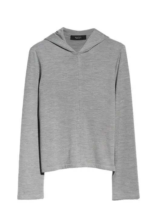 Gucci Wool Silk Blend Hooded Cardigan With Crest Embroidery - Grey
