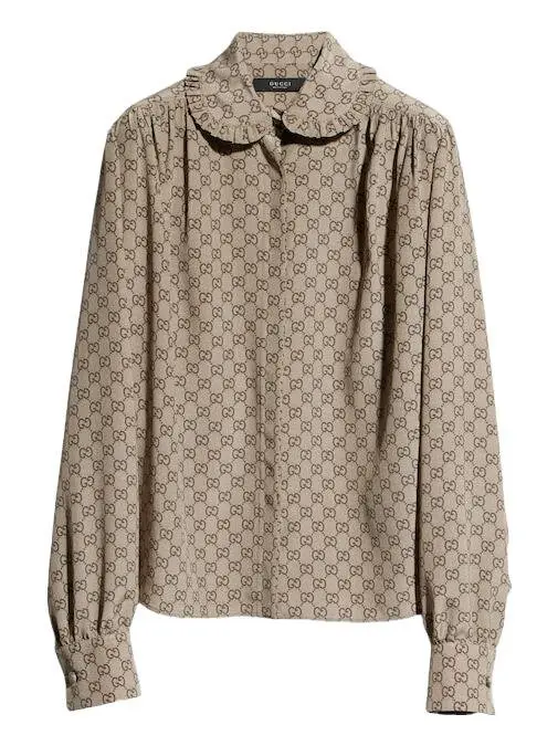 Gucci Printed Silk Crêpe De Chine Shirt With Ruffled Collar - Beige