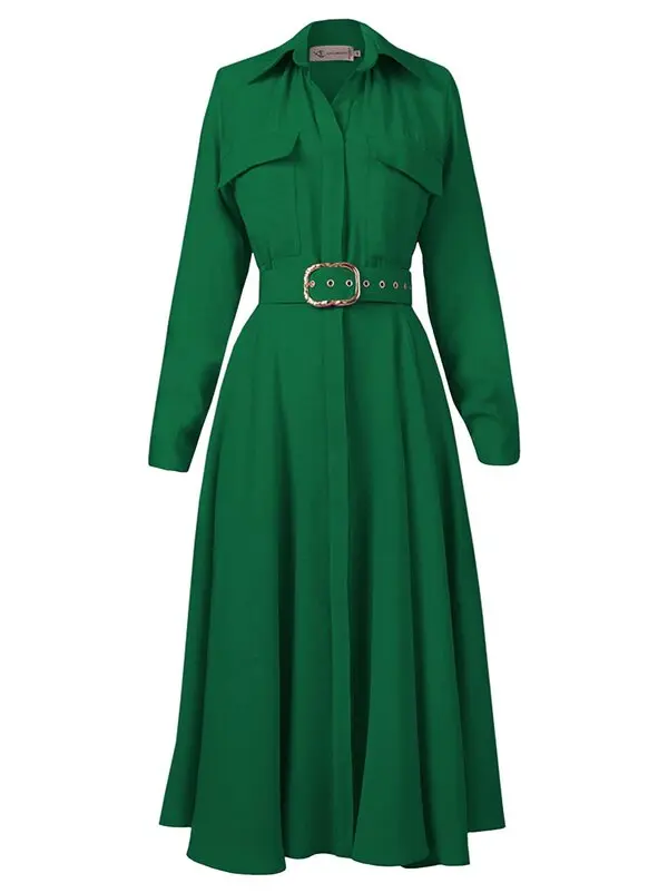 ALINA CERNATESCU Midi Shirt Dress With Textile Belt And Pockets - Green