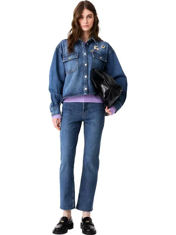Maje Denim Shirt With Rhinestone Brooches - Blue