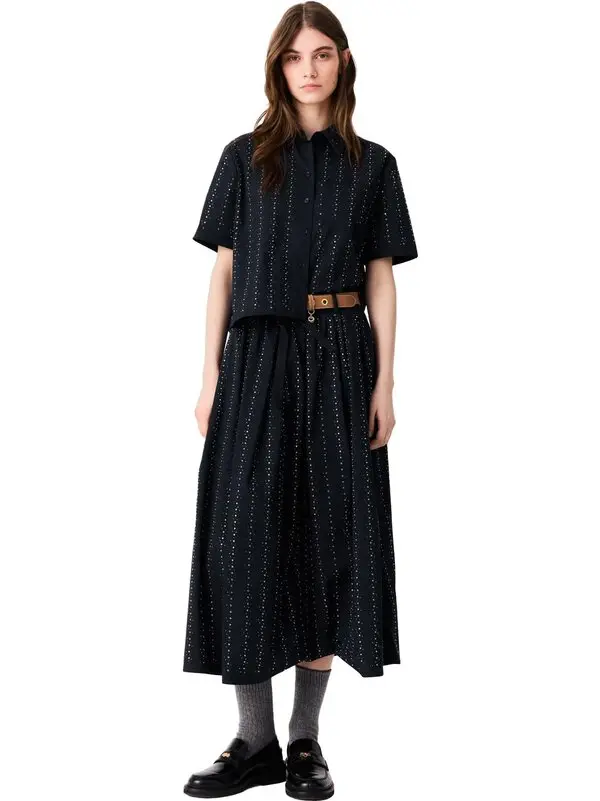 Maje Embellished Cotton Flared Maxi Skirt - Navy