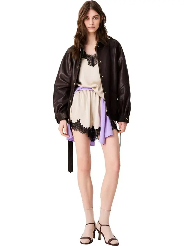 Maje Satin Shorts With Lace Details - Beige