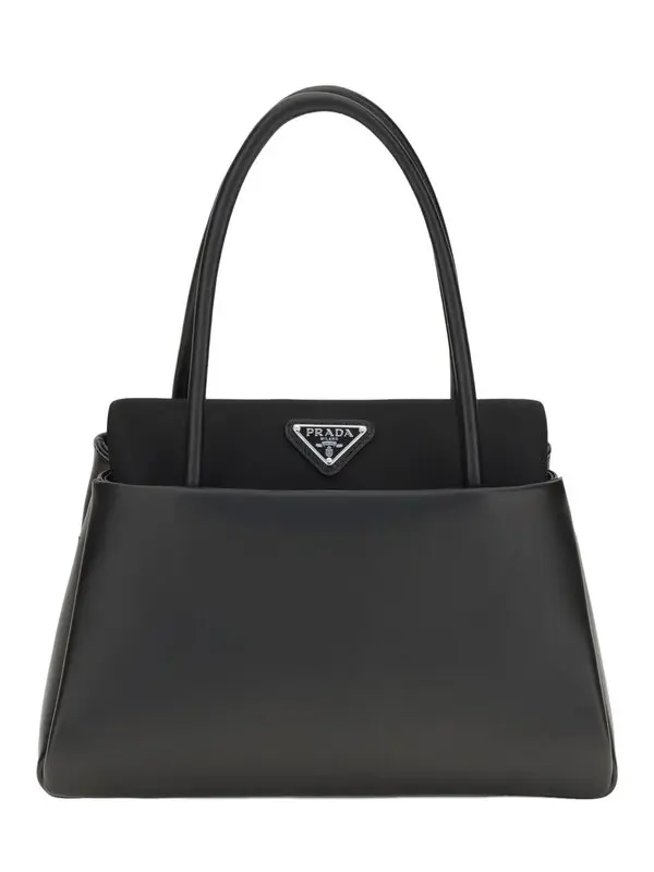 Prada Calfskin Leather Top Handle Bag With Triangle Logo - Black