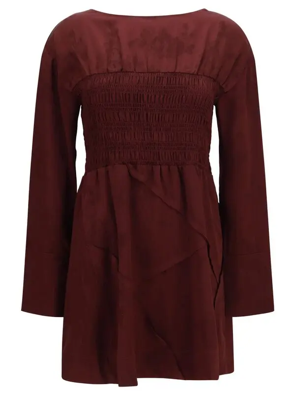 GANNI Long-sleeve Satin Mini Dress With Ruched Bodice - Bordeaux