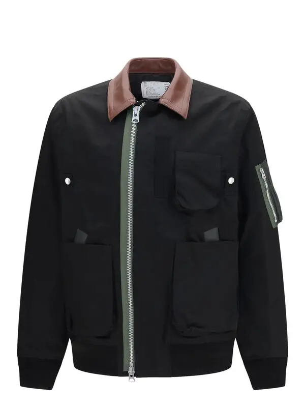 Sacai Cotton Bomber Jacket With Leather Details - Black
