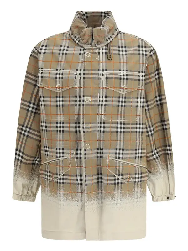 Burberry Gabardine Parka With Faded Check Print - Beige