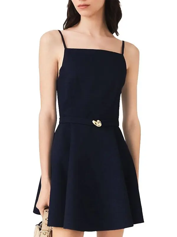 Maje Flared Mini Dress With Spaghetti Straps And Belted Waist - Navy