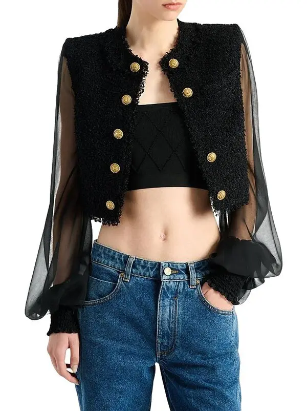 Balmain Cropped Tweed Jacket With Sheer Sleeves - Black