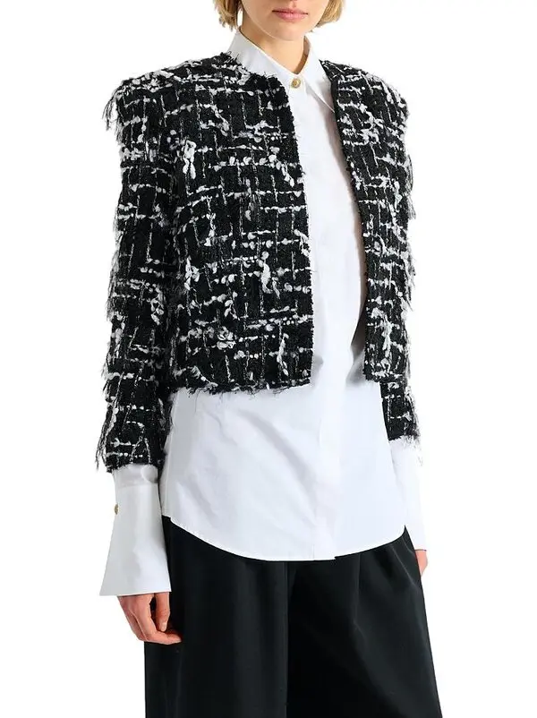 Balmain Cropped Jacket In Fringed Tweed - Black