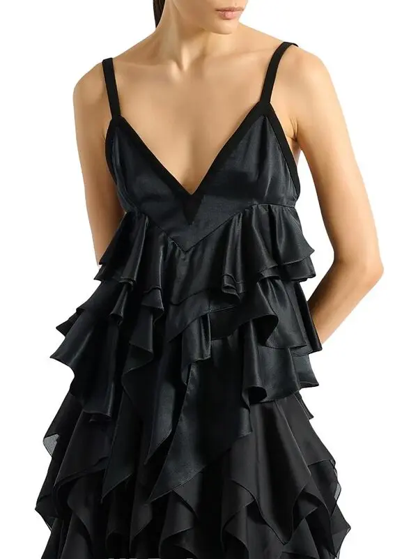 Balmain Satin Ruffled Evening Gown - Black