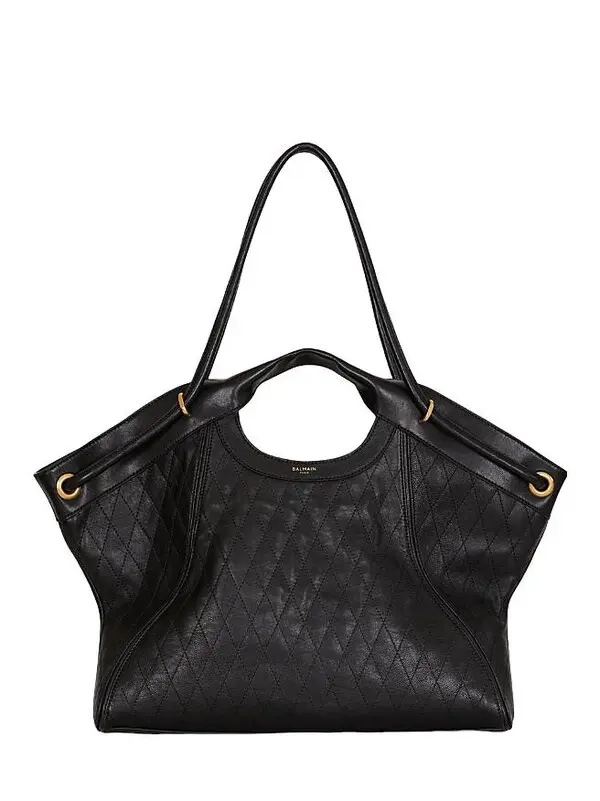Balmain Large Tote In Topstitched Leather - Black